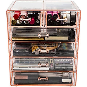 Sorbus Acrylic Clear Makeup Organizer - Big & Spacious Cosmetic Display Case - Stylish Designed Jewelry & Make Up Organizers and Storage for Vanity, Bathroom (4 Large, 2 Small Drawers) [Pink]
