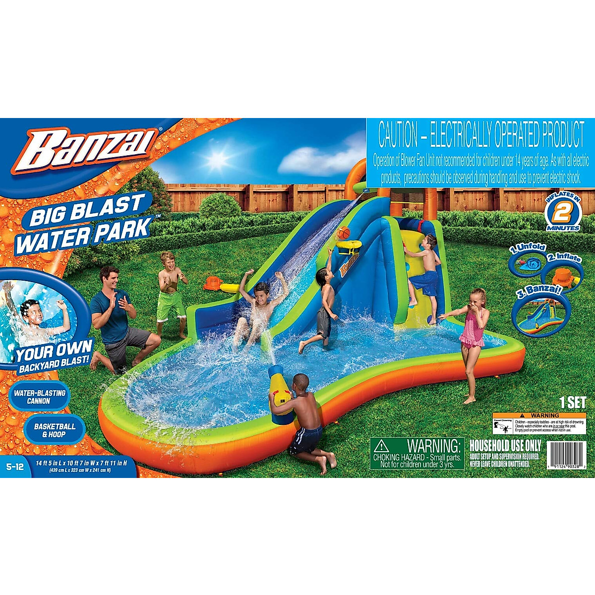 BANZAI Big Blast Water Park, Length: 14 ft 5 in, Width: 10 ft 7 in, Height: 7 ft 11 in, Inflatable Outdoor Backyard Water Slide Splash Bounce Climbing Toy