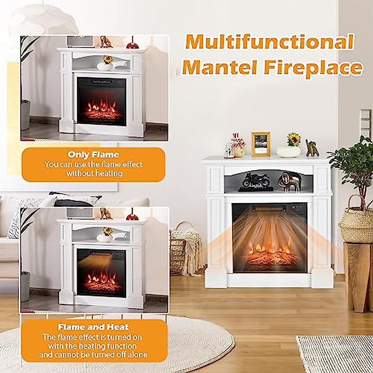GOFLAME 32" Electric Fireplace with Mantel and Remote Control, Freestanding Mantel Fireplace Heater with 3 Flame Brightness, Thermostat, 6H Timer, Overheat Protection, CSA Certified, 1400W (White)