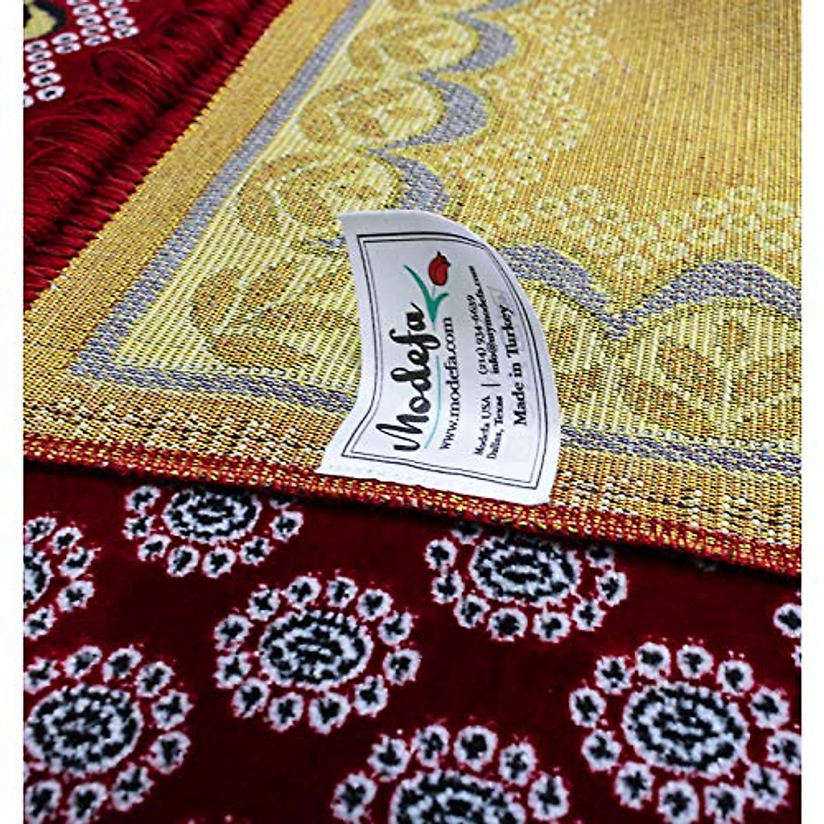 Modefa Prayer Rug Free Prayer Cap & Beads - Thin Velvet Namaz Sajadah Janamaz Floral Daisy Arch (Red)