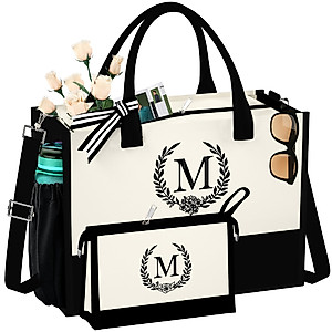 QLOVEA Mothers Day Gifts - Initial Tote Bag with Makeup Bag, Women Appreciation Gift for Teacher Nurse Mother Grandma Friendship, Beach Bag for Birthday Wedding Bridal Shower Letter M