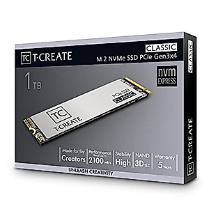 TEAMGROUP T-CREATE CLASSIC 1TB for Creators 3D NAND TLC NVMe 1.3 M.2 PCIe Gen3x4 2280 Internal Solid State Drive SSD (Read Speed up to 2100MB/s) TBW 600TB for Laptop & PC Desktop TM8FPE001T0C611
