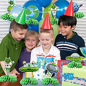 9 Pcs Alien Party Decorations Honeycomb Centerpiece Table Topper UFO Themed Green Alien Outer Space Party Supplies for Kids Adults Birthday Party Baby Shower Halloween Decor