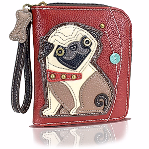 CHALA Zip Around Wallet, Wristlet, 8 Credit Card Slots, Sturdy Pu Leather - Pug - Burgundy