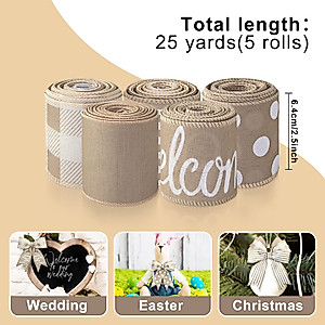 Mlurcu Farmhouse Ribbon Spring Wired Ribbon 2.5" Wide 25 Yds Wire Ribbons for Crafts Wreaths Bows Making Wedding Gift Wrapping Welcome Buffalo Plaid Polka Dot Stripe Solid Rustic Burlap Wired Ribbon