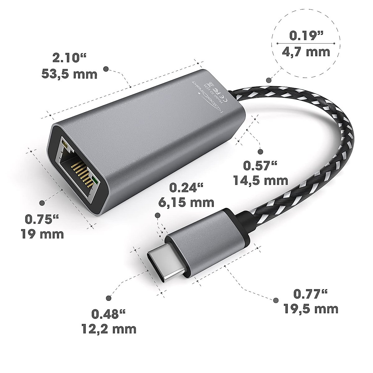 USB C Ethernet adapter with break-proof, full metal case (USB-C male to RJ45 LAN female, stable network/internet connectivity for notebook/MacBook/tablet at 1Gbit/s, 4in cable) by CableDirect