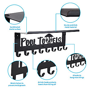 IBosins Pool Towel Rack with Shelf, Outdoor 8 Hooks Towel Holder Wall Mounted, Towel Hanger for Hanging Bathrobes, Towels, Clothes - Perfect Pool Area Outside Sign and Decor (Black)