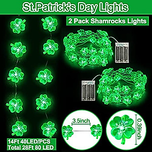 [ 2 Pack ] Green St. Patrick's Day String Lights, Total 28 Ft & 80 Led Battery Operated Waterproof Lucky Shamrocks Lights for St. Patrick's Day Decoration Irish Party Decor Wedding Anniversary Holiday