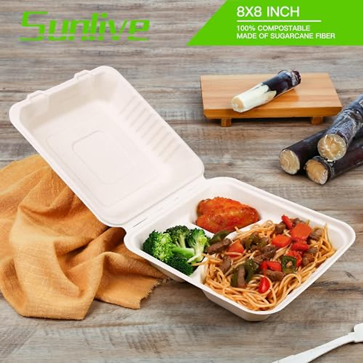 Sunlive 100% Home Compostable 50 Pack Disposable Clamshell Take Out Food Containers, 8X8'' 3-Compartment to go Containers, Biodegradable Heavy-Duty to go Boxes, Made of Sugarcane Fibers