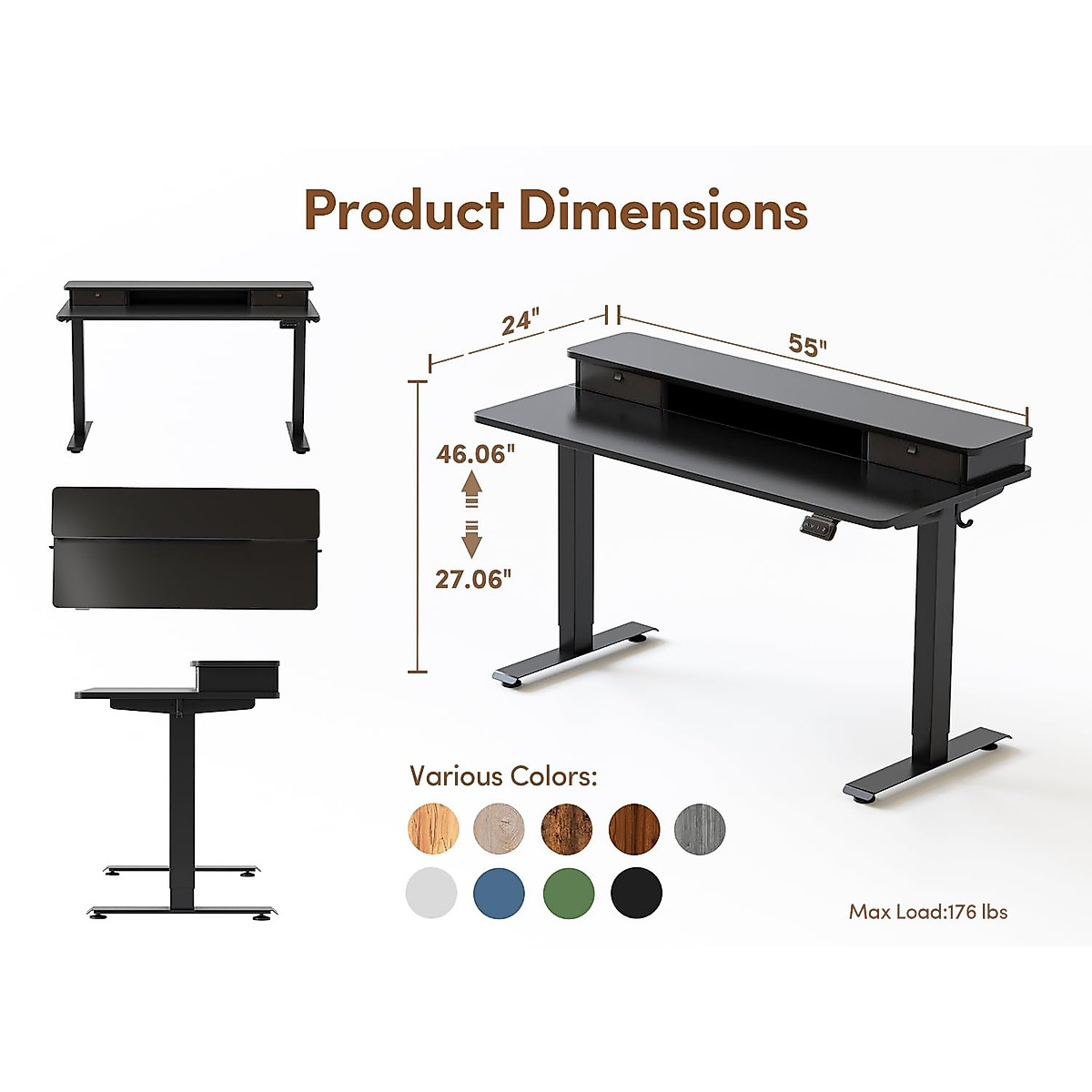 BANTI 55x24 Inch Electric Standing Desk with Double Drawers, Adjustable Height Stand Up Desk, Sit Stand Home Office Desk with Storage Shelf, Black Top