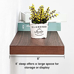Walnut Floating Shelves, 8'' Deep Shelves Wall Mounted, 24 Inch Long Rustic Wood Floating Shelves for Wall Storage & Decor, Wide Wooden Shelves for Bedroom, Living Room, Kitchen, Set of 2