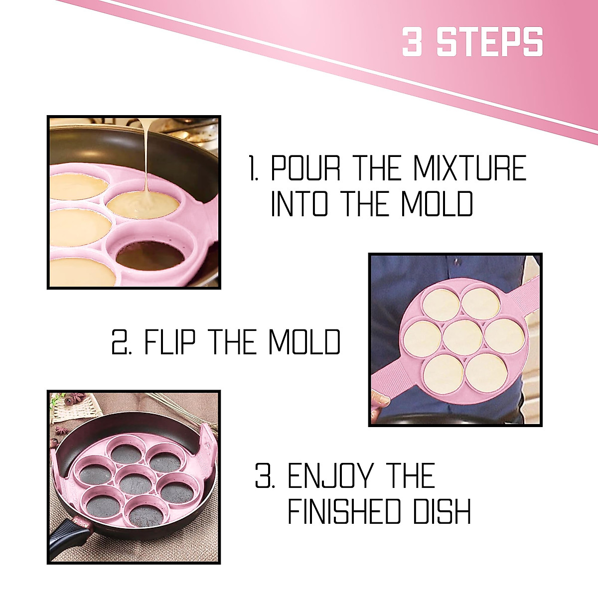 BIOPRONEXT Silicone Non Stick Pancake Maker - 7 Circles Mini Pancake Mold - Silicone Pancake Mold - Silicone Egg Rings for Griddle with Handles - Pancake Molds for Griddle Frying Eggs - Pink