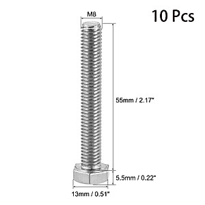 10 Pcs M8 Hex Bolt M8-1.25 x 55mm UNC Hex Head Screw Bolts A2-70(304) Stainless Steel Fully Threaded Hex Tap Bolts，Plain Finish，Fully Threaded (M8 x 55mm)