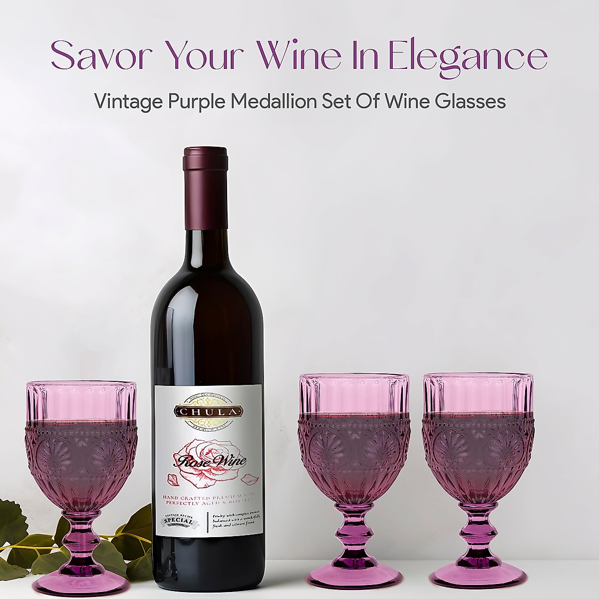 American Atelier Vintage Purple Wine Glasses | Set of 4 | Wine Goblets | Colored Vintage Style Glassware | Dishwasher Safe | Purple | 12-Ounce Capacity