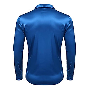 Maiyifu-GJ Mens Metallic Disco Shiny Dress Shirt Long Sleeve Button Down Nightclub Party Shirts Luxury Satin Slim Prom Shirt (Blue,3X-Large)
