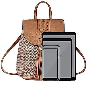 Meyaus Women Small Braid Tassels Straw Woven Backpack PU Leather Flap Drawstring Daypack Shoulder Bag