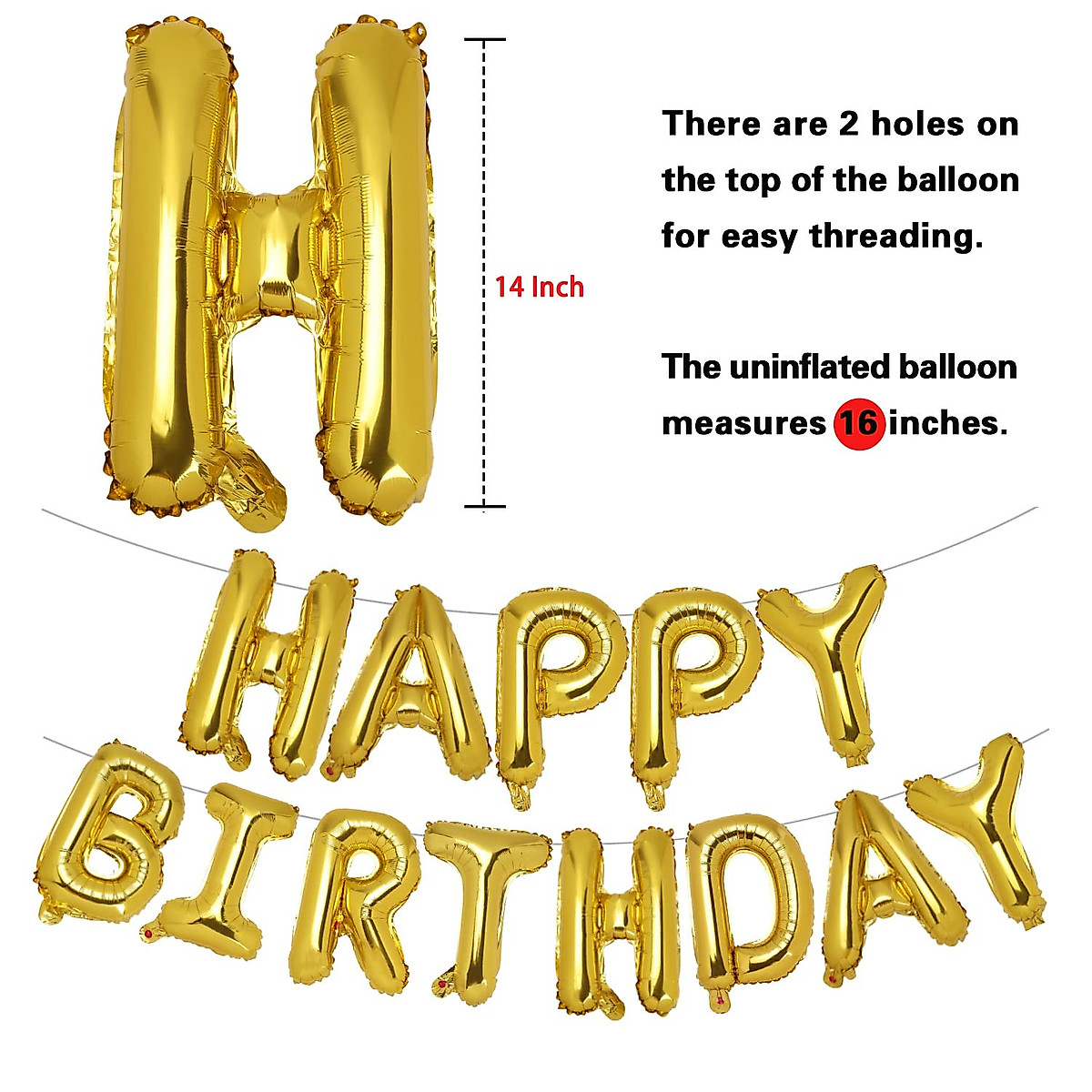 PIGETALE Gold Happy Birthday Banner, 16 Inch Mylar Foil Letters Birthday Sign Banner Balloon Reusable Inflatable Party Decor and Event Decorations for Kids Boys Men Adults Ecofriendly Party Supplies
