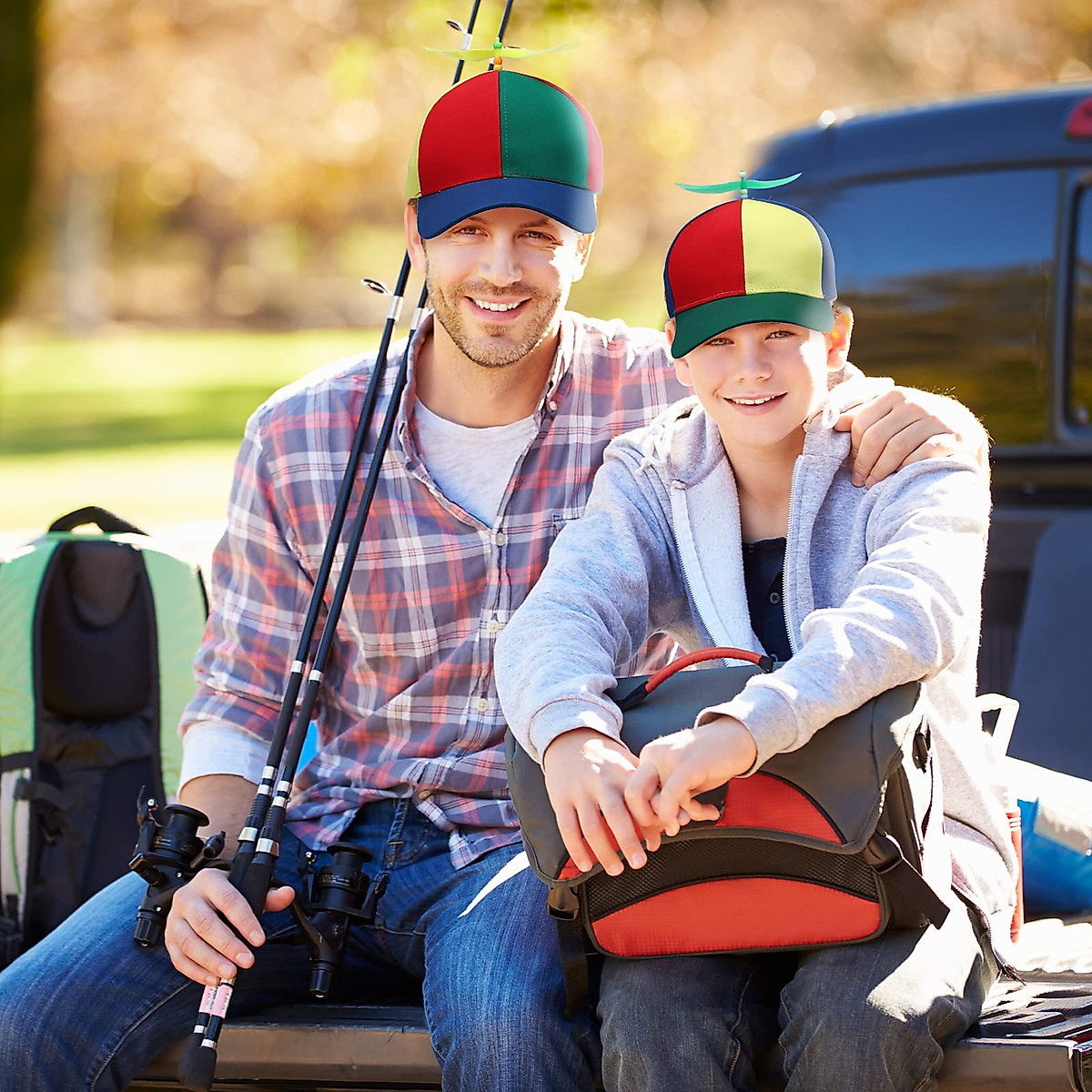 2 Pack Adult Hat Baseball Cap Brightly Rainbow Top Hat with 4 Replaceable Bamboo Dragonflies for Halloween(Green, Blue Brim)