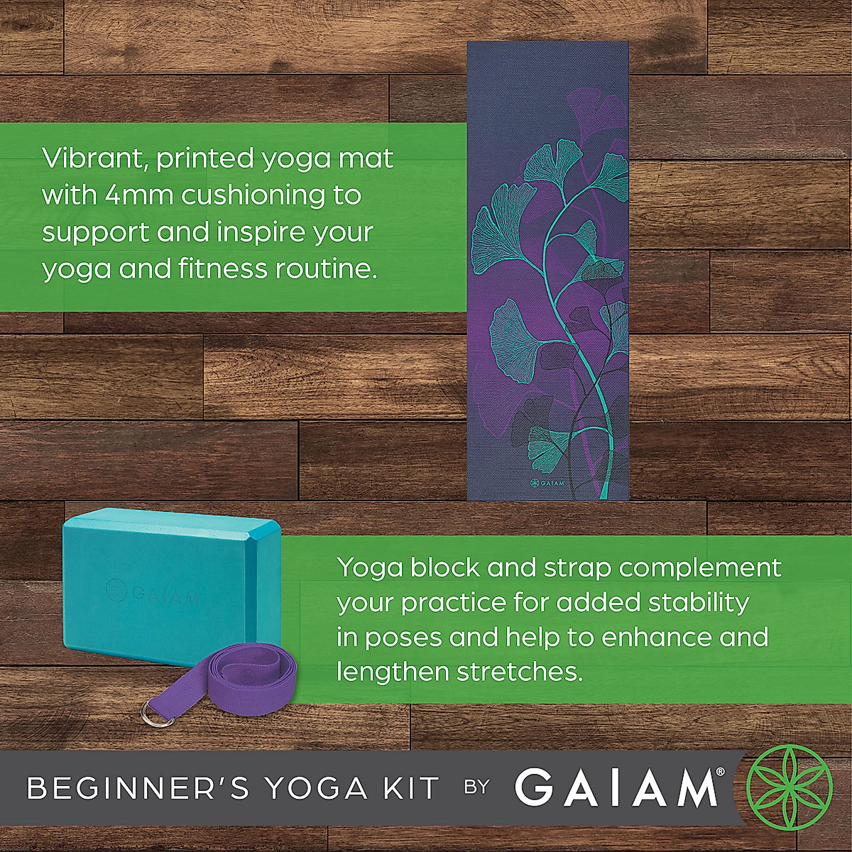 Gaiam Beginner's Yoga Starter Kit Set (Yoga Mat, Yoga Block, Yoga Strap) - Light 4mm Thick Printed Non-Slip Exercise Mat for Everyday Yoga - Includes 6ft Yoga Strap & Yoga Brick - Lily Shadows