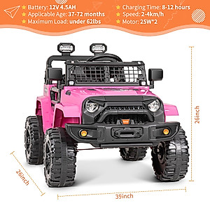 12V Kids Electric Ride On Car Jeep with Remote Control 3 Speeds, LED Lights, Radio, AUX/USB MP3 Music, Openable Doors & Suspension, Electric Car Vehicle for Toddlers & Kids, Pink