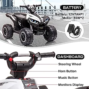 ACONEE Kids Ride on ATV, 12V 4 Wheeler Battery Powered Quad Toy Vehicle with Music, Horn, High Low Speeds, LED Lights, Electric Ride On Toy, Soft Start, for Boys & Girls Gift, Ride (White)