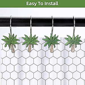 VEGA U Palm Tree Decorative Shower Curtain Hooks for Bathroom, Summer Tropic Themed Resin Bath Decor Rings, Set of 12 (Green)