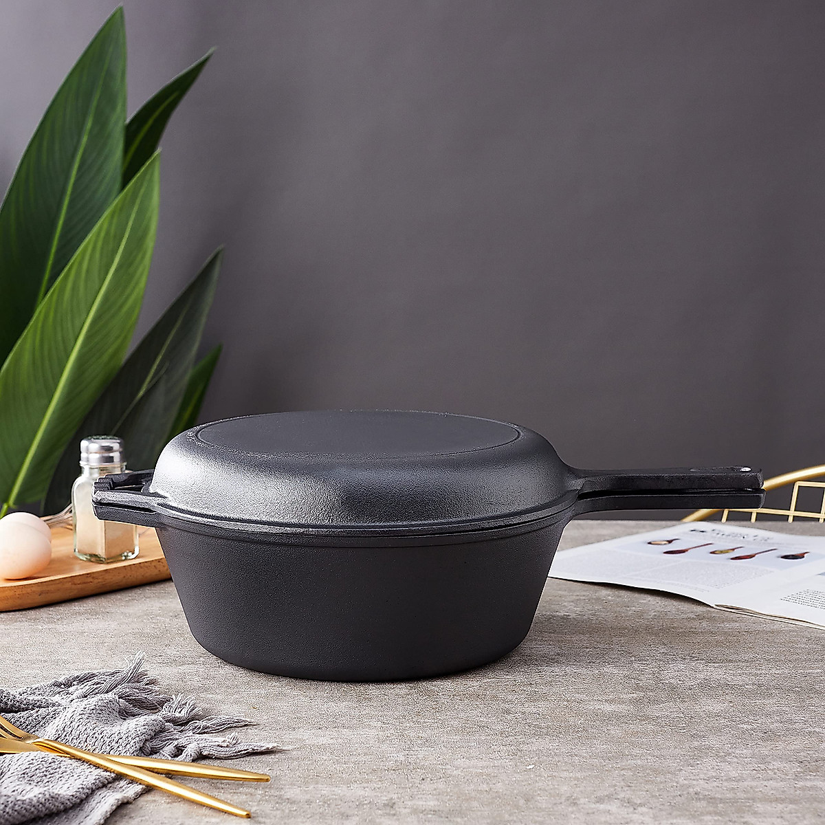 Bruntmor 2-in-1 Pre-seasoned Cast Iron Dutch Oven and Skillet Set -5 Quart Black Cookware with Handles - Dutch Oven with Lid - Enameled Cast Iron Cookware for Braising, Frying, Camping, and Indoor Use