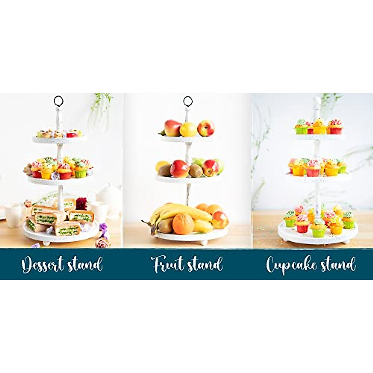 SensaCasa Farmhouse Tiered Tray – 3 Tier Tray – Rustic White Three Tier Tray - Wooden Farmhouse Kitchen Decor – 3 Tier Serving Trays – Wood Round Tiered Stand