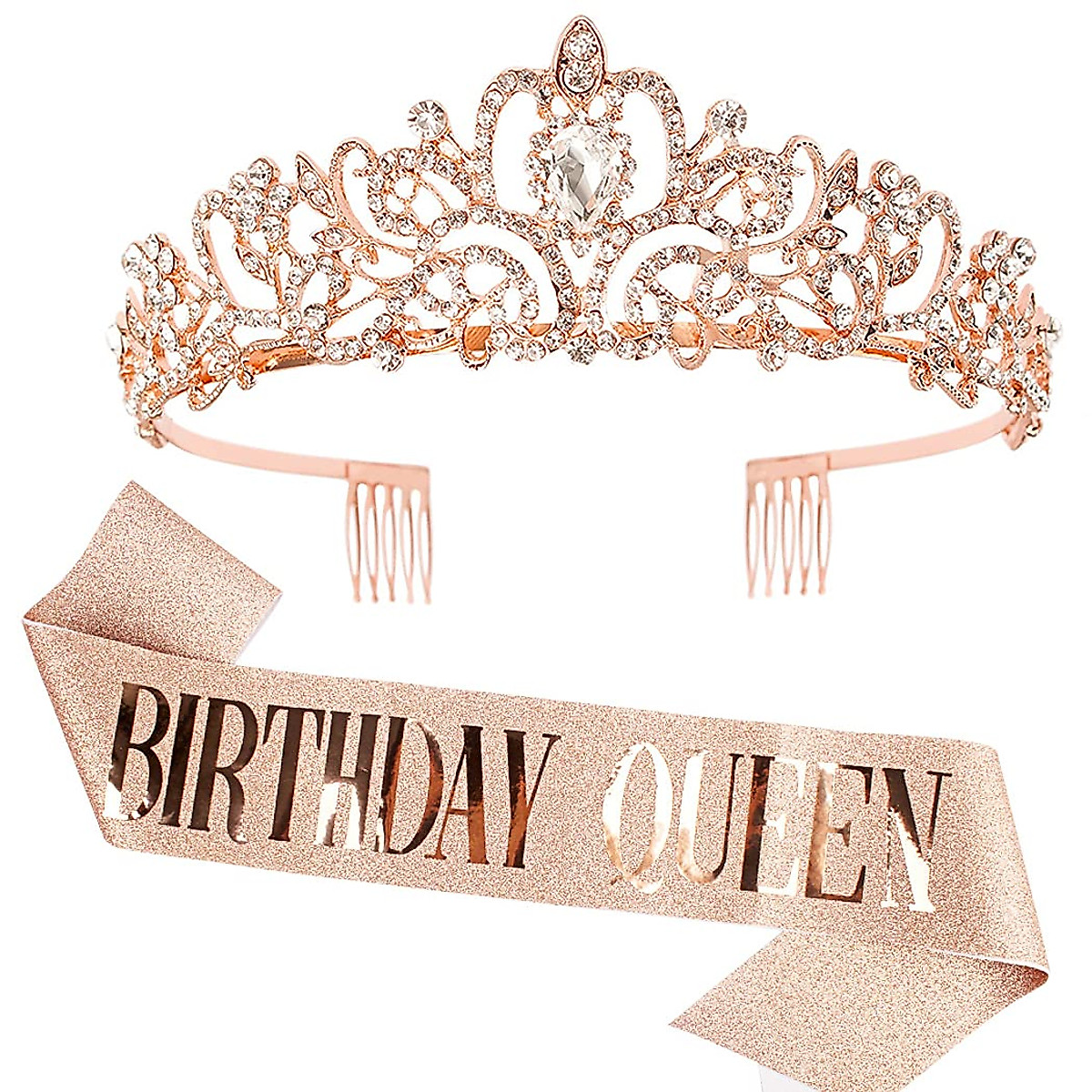 "Birthday Queen" Sash & Rhinestone Tiara Set COCIDE Rose Gold Birthday Sash and Tiara for Women Birthday Decoration Kit Rhinestone Headband for Girl Glitter Crystal Hair Accessories for Party