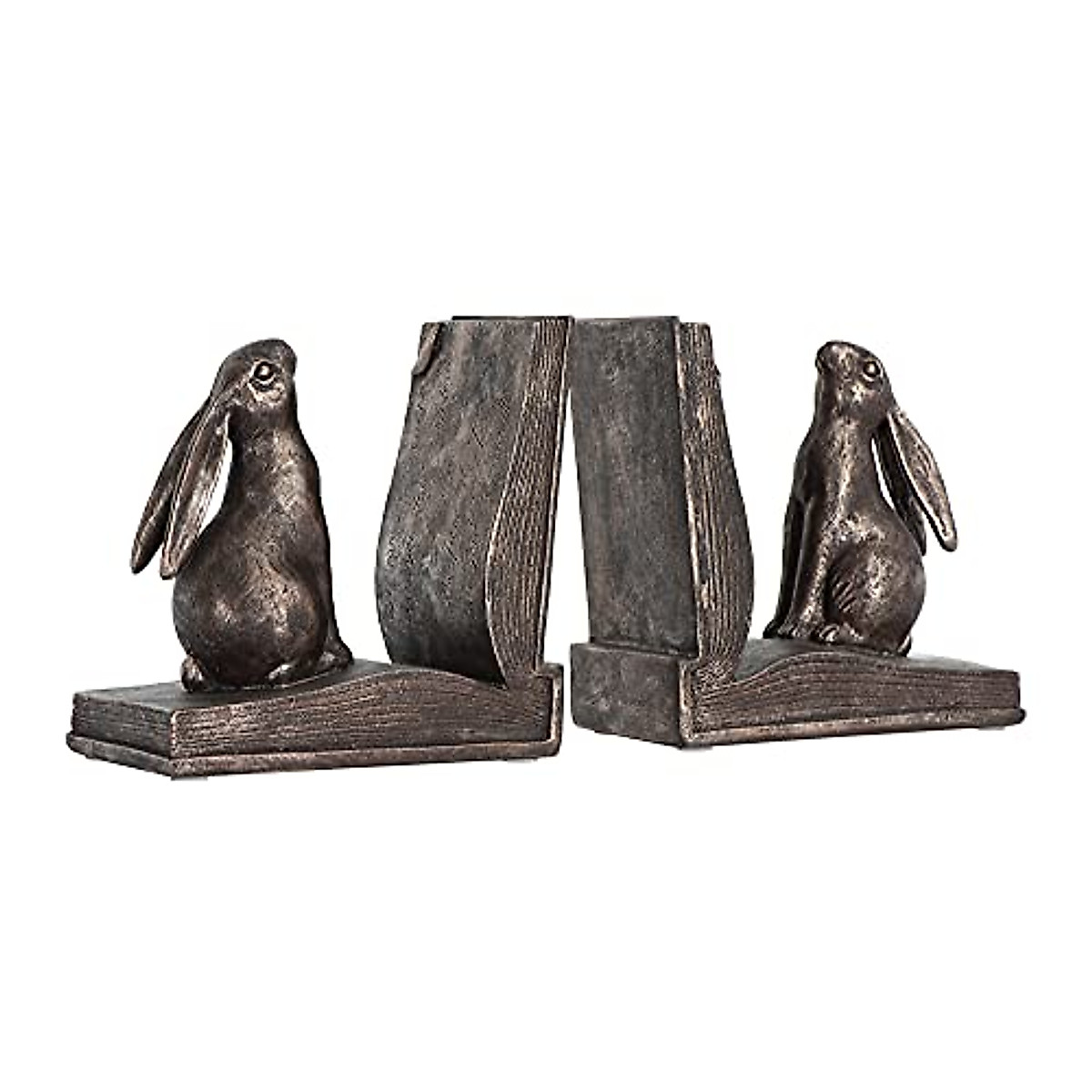 Creative Co-op EC0148 Rustic Rabbit on Book Resin (Set of 2 Pieces) Bookends, Bronze
