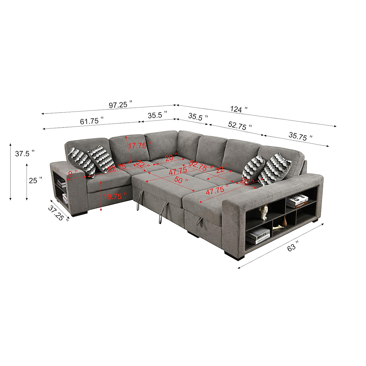 RENDGO 125'' U Shaped Oversized Sectional Sofa Couch with Cabinet,7 Seat Sectional Sleeper Sofa Bed with Storage Chaise, Pull Out Bed for Living Room,Grey
