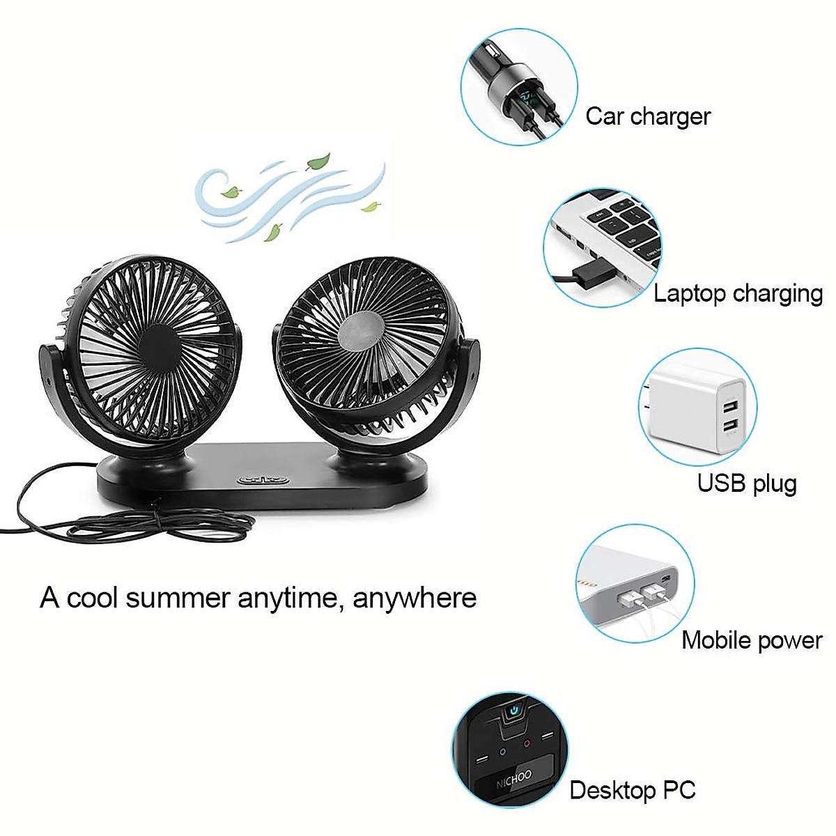 Aoneky 5V 2A 360° Rotating Dual USB Fan - Portable Personal Office Desk Car USB Fan