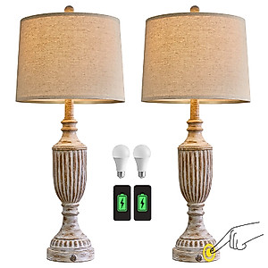 OYEARS 27.5” 3-Way Dimmable Touch Control Dual USB Table Lamp Set of 2 Modern Retro Farmhouse Vintage Lamps Resin Bedside Lamp for Living Room Bedroom Home Office(2 Bulbs Included)