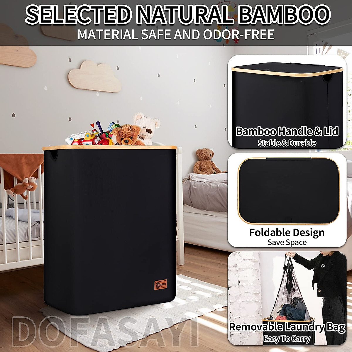 150L Large Laundry Hamper with Lid - Tall Laundry Basket with Removable Bag, Bamboo Handles, Collapsible, Sturdy, Hamper for Bedroom, Bathroom, Dorm, Laundry Room, Black