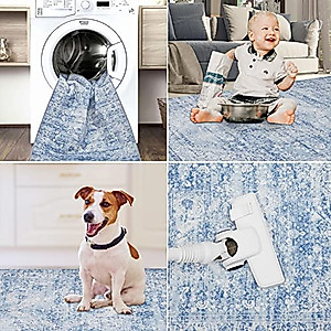 ROYHOME Area Rug 8' x 10' Machine Washable Persian Rug Traditional Abstract Rug Indoor Floor Cover Distressed Carpet Rug Velvet Mat Foldable Accent Rug for Living Room Bedroom Dining Room, Blue