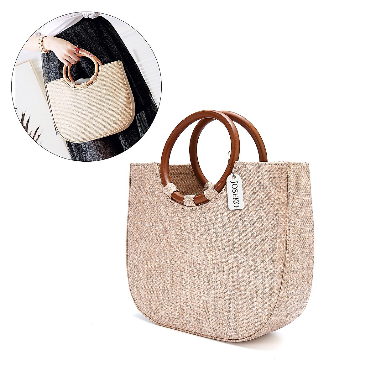 JOSEKO Summer Beach Bag, Womens Straw Handbag Straw Shoulder Bag for Beach Travel and Everyday Use Khaki 11.4" L x 3.5" W x 9.8" H