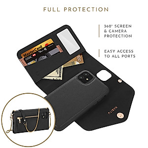 HABITU [Folio Collection 2022 Selene Crossbody Black Wallet Case for iPhone XR/11, Detachable Vegan Leather Magnetic Folio with Card Pockets, Mirror & Strap for Women, for Women