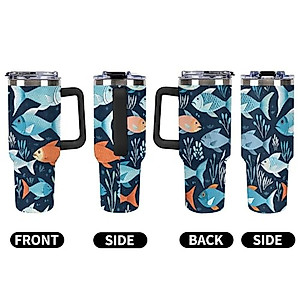 LPSADGF Fishes Pattern Insulated Stainless Steel Travel Mug, 40 Oz Tumbler with Handle And Straw Double-Wall Vacuum Coffee Cup, Leak-Proof Lid, Keeps Drinks Hot/Cold for Hours