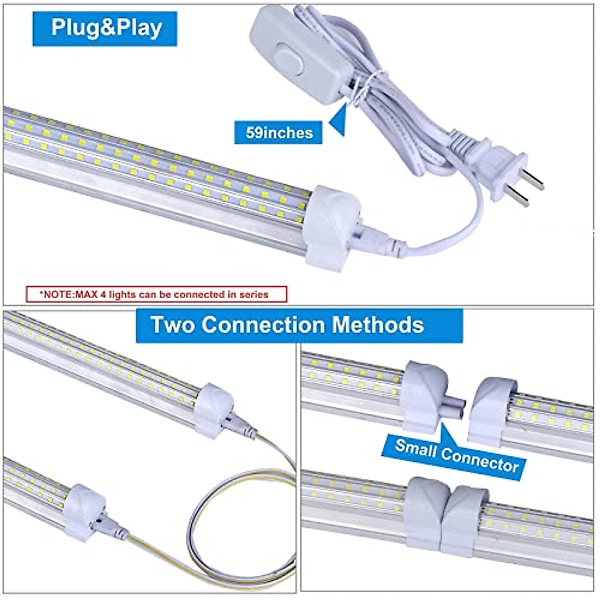 (6-Pack) 8ft LED Shop Light Fixture, 120W 19500LM 6000K, Cold White, U Shape, Clear Cover, Hight Output, Linkable Shop Lights, T8 LED Tube Lights, 8 LED Shop Lights for Garage 8 Foot with Plug