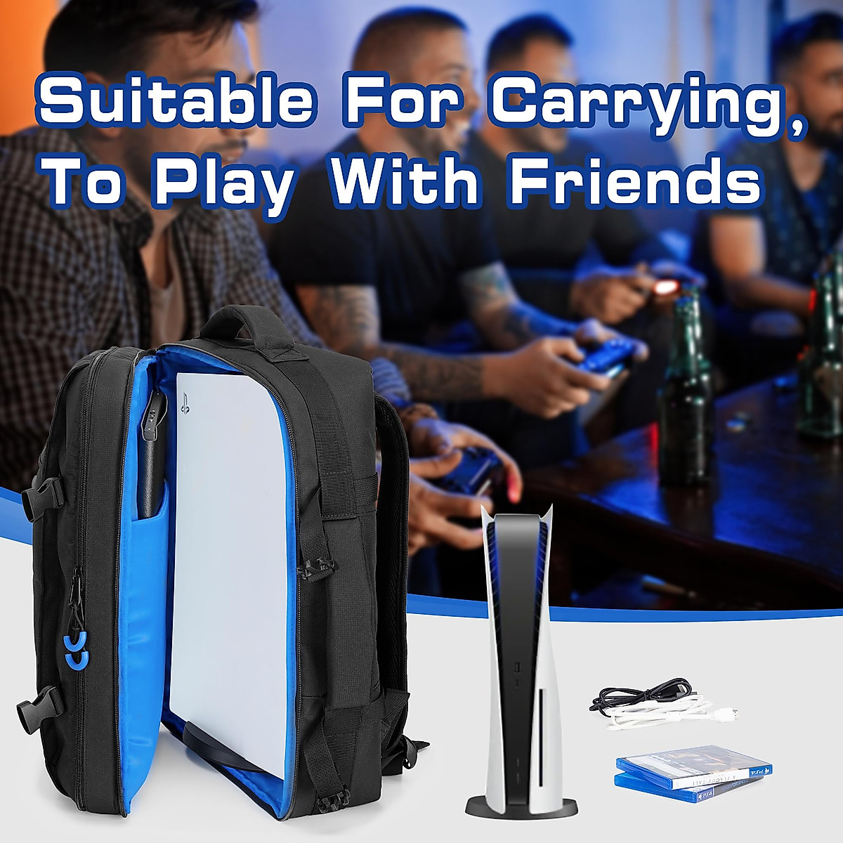 PGmoon Travel Backpack Compatible with Playstation5 Console, Storage Carrying Case Bag Fits for PS5 /PS4 Console, Controllers, 15.6’’ Laptop, Game Discs (Patent Design)