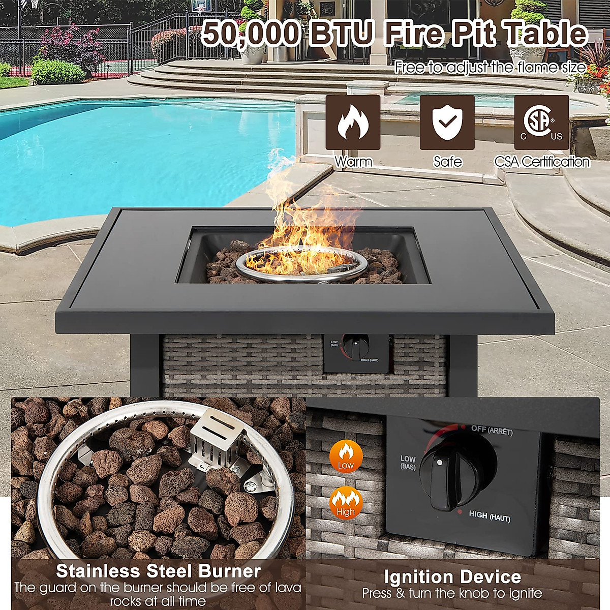 COSTWAY 32" Outdoor Fire Table, 50,000 BTU Propane Fire Pit Table w/Lid & Lava Rocks Rain Cover, Rattan Style Metal Patio Fireplace, Gas Firepit Table for Outside Yard Balcony, Grey