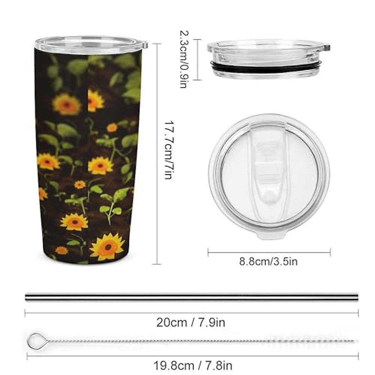 FHENMSA Stainless Steel Insulated Travel Coffee Mug,Cute Sunflower Print Reusable Car Cup,Thermal Cup for Outdoor with Straw And Lid
