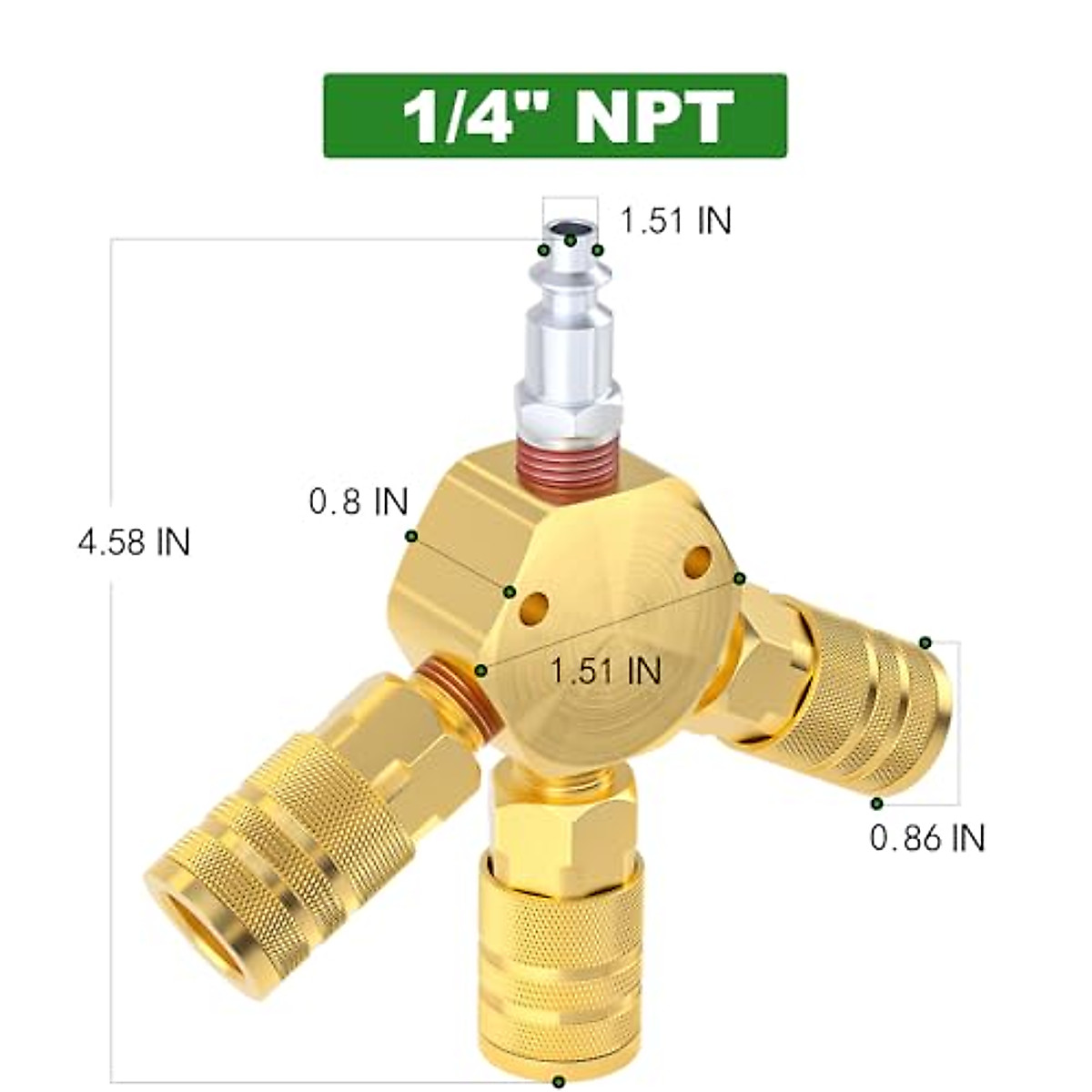 Taisher 3-Way 1/4 Inch NPT Hex Style Air Manifold with 3 Pieces Brass Industrial Coupler and Plug, Air Compressor Hose Accessories Quick Connect Fittings Air Splitter