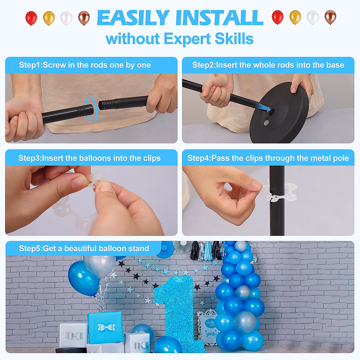 Balloon Column Stand Kit Set of 2, 1.3ft-5ft Adjustable Metal Pillar Balloon Stand with Base for Floor and Table Centerpieces for Birthday Party Wedding Christmas Halloween Decorations Black