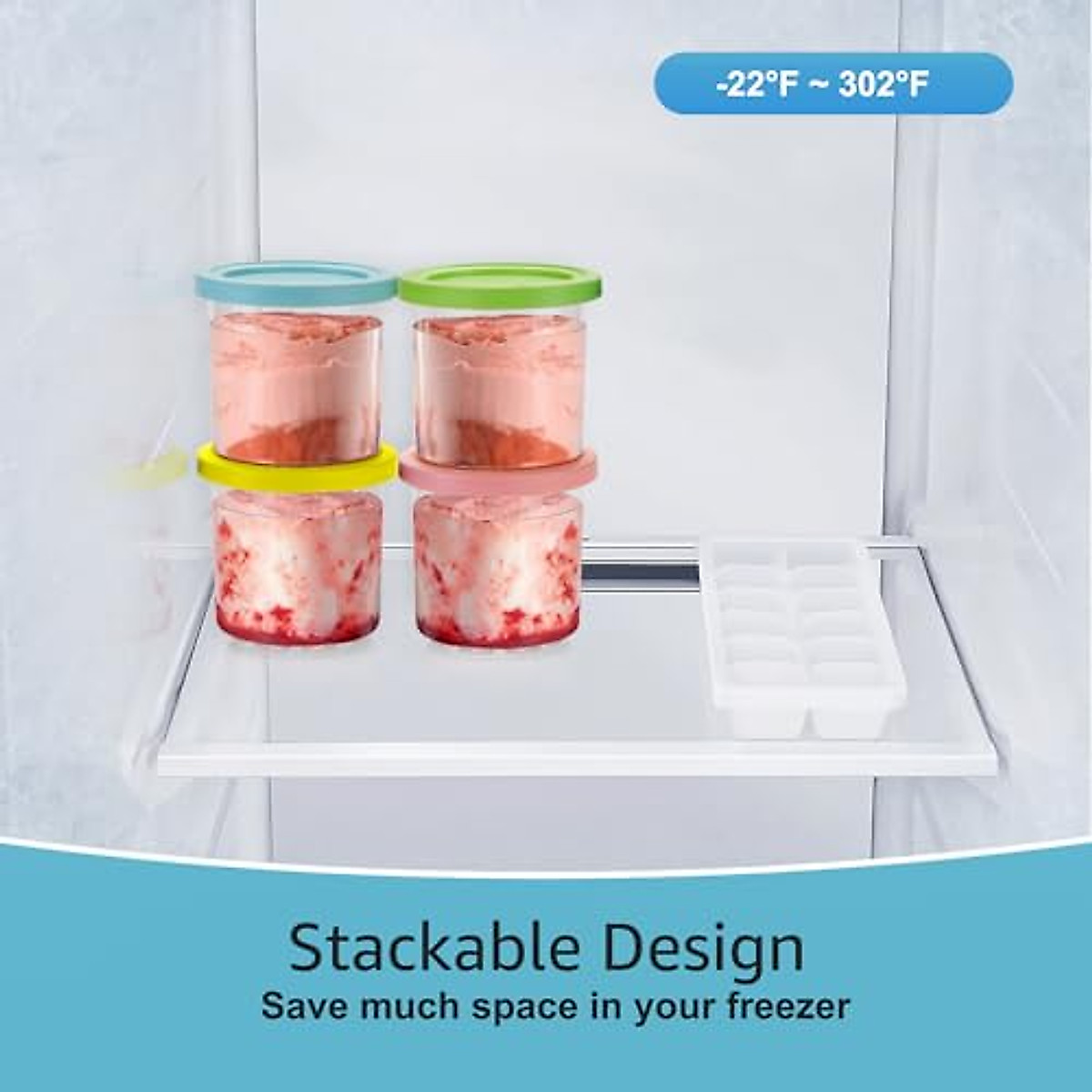 Aelfon Ice Cream Containers for Ninja Creami Pints and Lids 16oz Pint Containers 4Pack Extra Replacement Pints for Ninja Creami NC301, NC300, CN301CO, CN305A Ice Cream Maker(Yellow, Green, Pink, Blue)