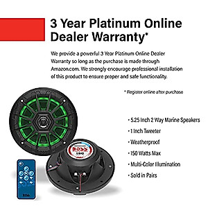 BOSS Audio Systems MRGB55B 5.25 Inch Marine Speakers - Weatherproof, 150 Watts Per Pair, 75 Watts Each, Multi-Color Illumination, Full Range, 2 Way, Sold In Pairs