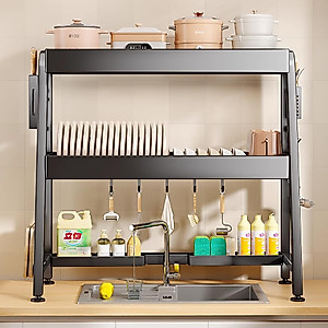 LONONE Black Stainless Steel Dish Drying Rack Over Sink Dish Drainer Drying Rack Kitchen Aid Dish Drying Rack with Drainboard,65cm/25.59in