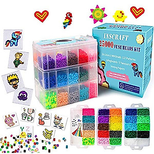 Fuse Beads, 25,000 pcs Fuse Beads Kit 26 Colors 5MM, Including 127 Patterns, 4 Big Square Pegboards, 1 Heart Pegboards, 1 Flower Pegboards, Ironing Paper, Tweezers, Beads Compatible by INSCRAFT