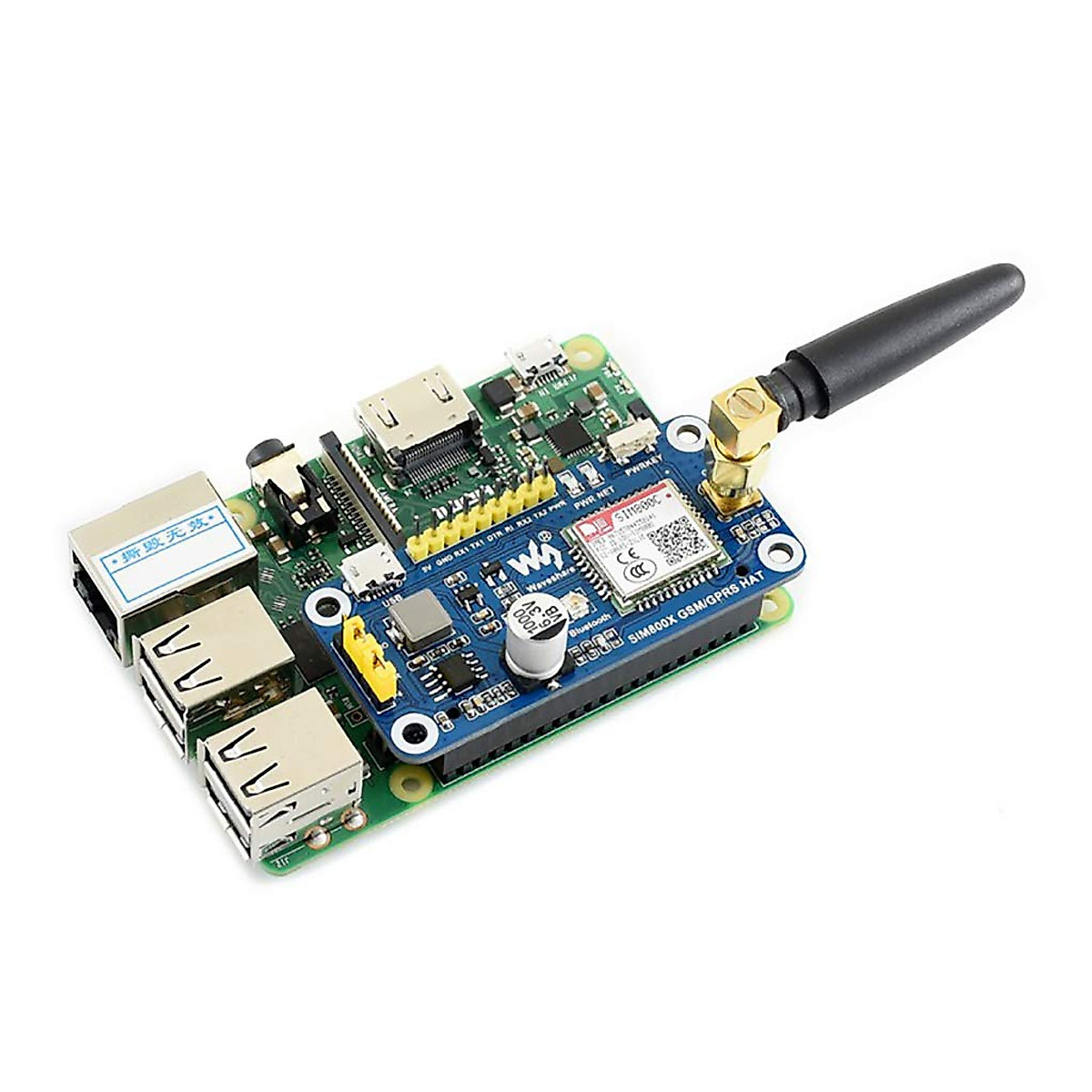 Raspberry Pi GSM/GPRS/Bluetooth HAT Based on SIM800C Supports SMS, GPRS, DTMF, HTTP, FTP, MMS, email for Band GSM 850/EGSM 900/DCS Compatible with Pi 2B/3B/3B+/4B/Zero/Zero W,Jetson Nano