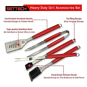 SETTECH 6PCS Grill Set for BBQ Tools Grilling Set,Heavy Duty Grill Utensils for Outdoor Grill with Spatula,Fork,2 Set of Brushes,Tongs and BBQ Press,BBQ Accessories Grill Sets for Men